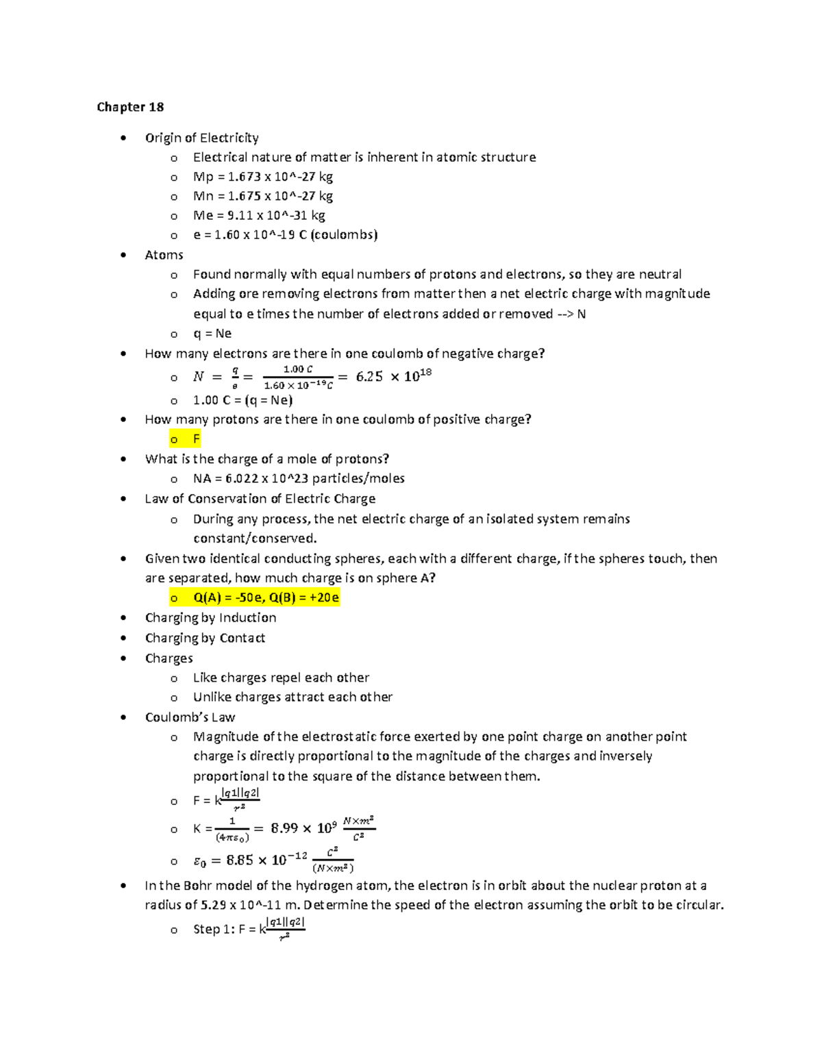 Physics II Exam #1 Study Guide - Chapter 18 Origin of Electricity o Electrical nature of matter ...