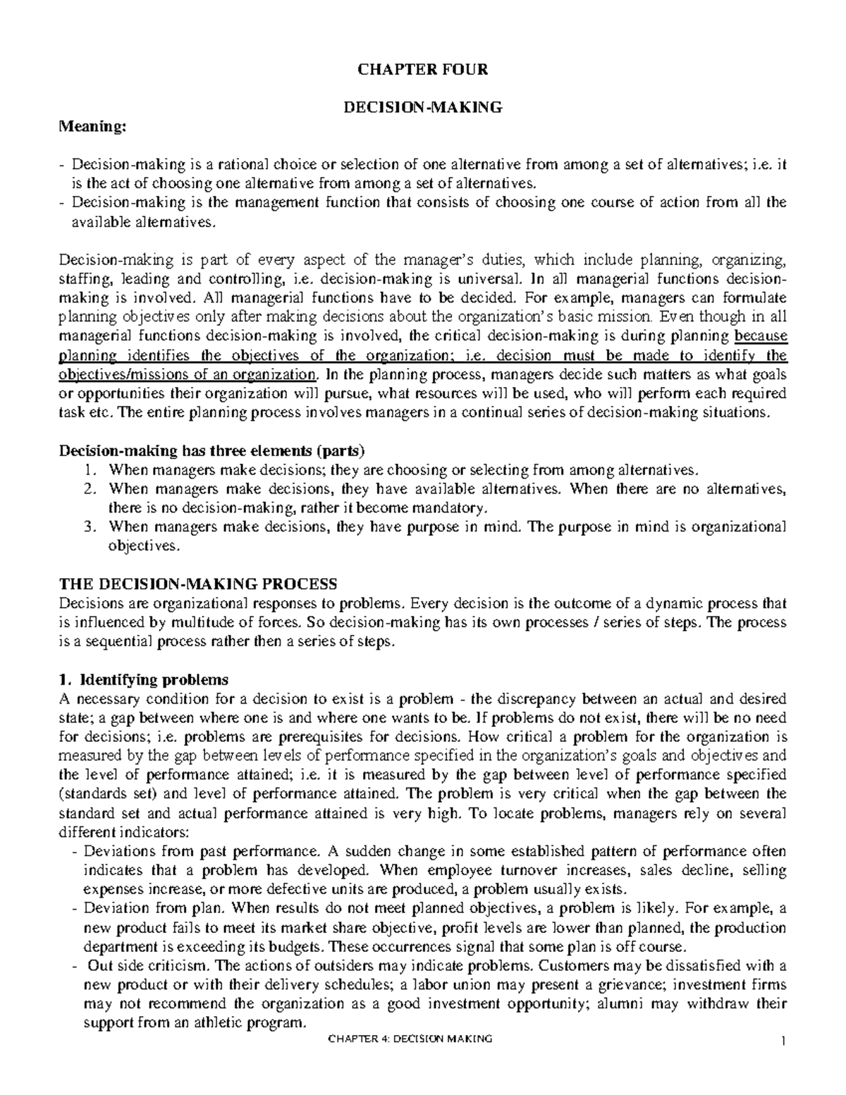 Chapter Introduction to Managementer 4 Decision Making - CHAPTER FOUR ...