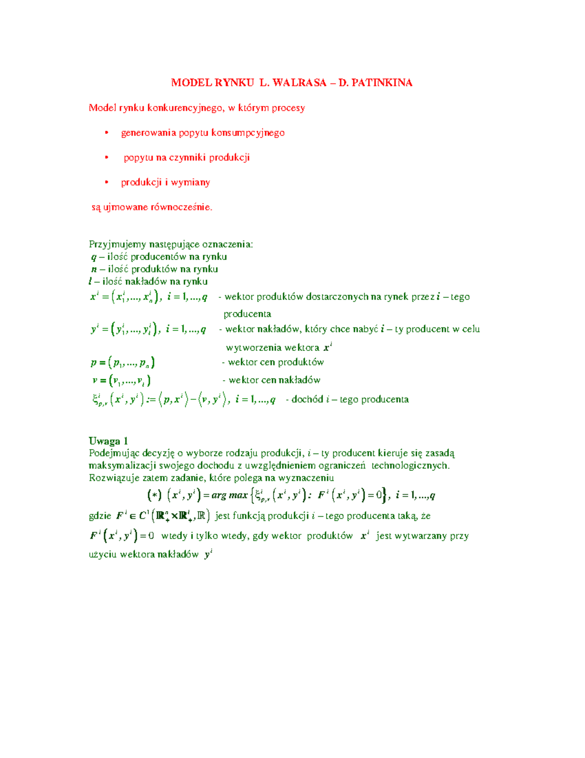 1 - lista zadan 1 - MODEL RYNKU L. WALRASA – D. PATINKINA Model rynku ...