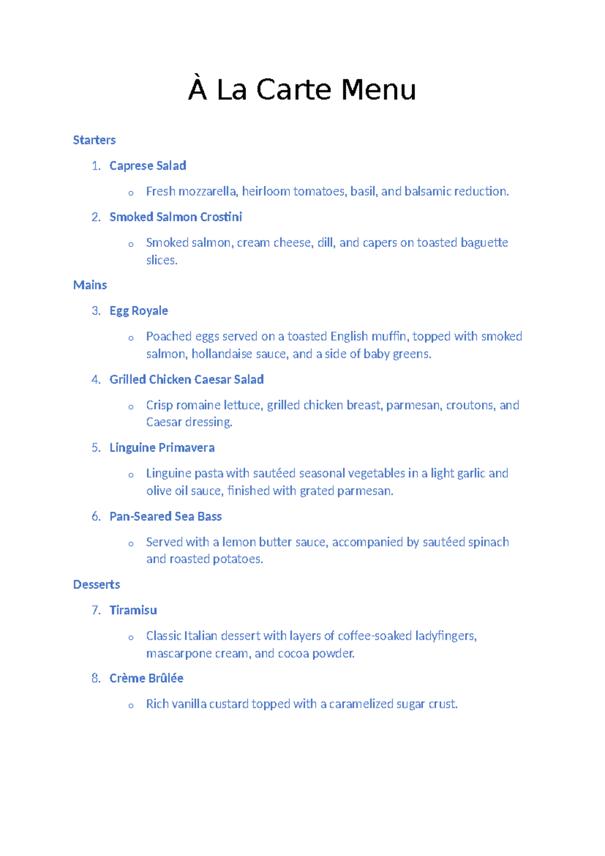 Dishes - nednm isqompmsnn msqp - À La Carte Menu Starters 1. Caprese ...