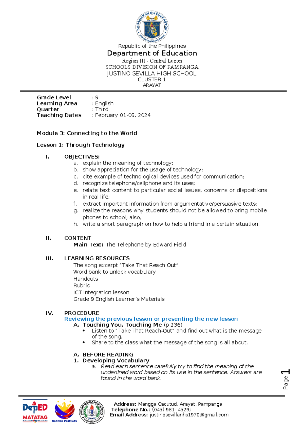 DLP JSHS 3RD Quarter Lesson 1 - Page 1 Department of Education Region ...