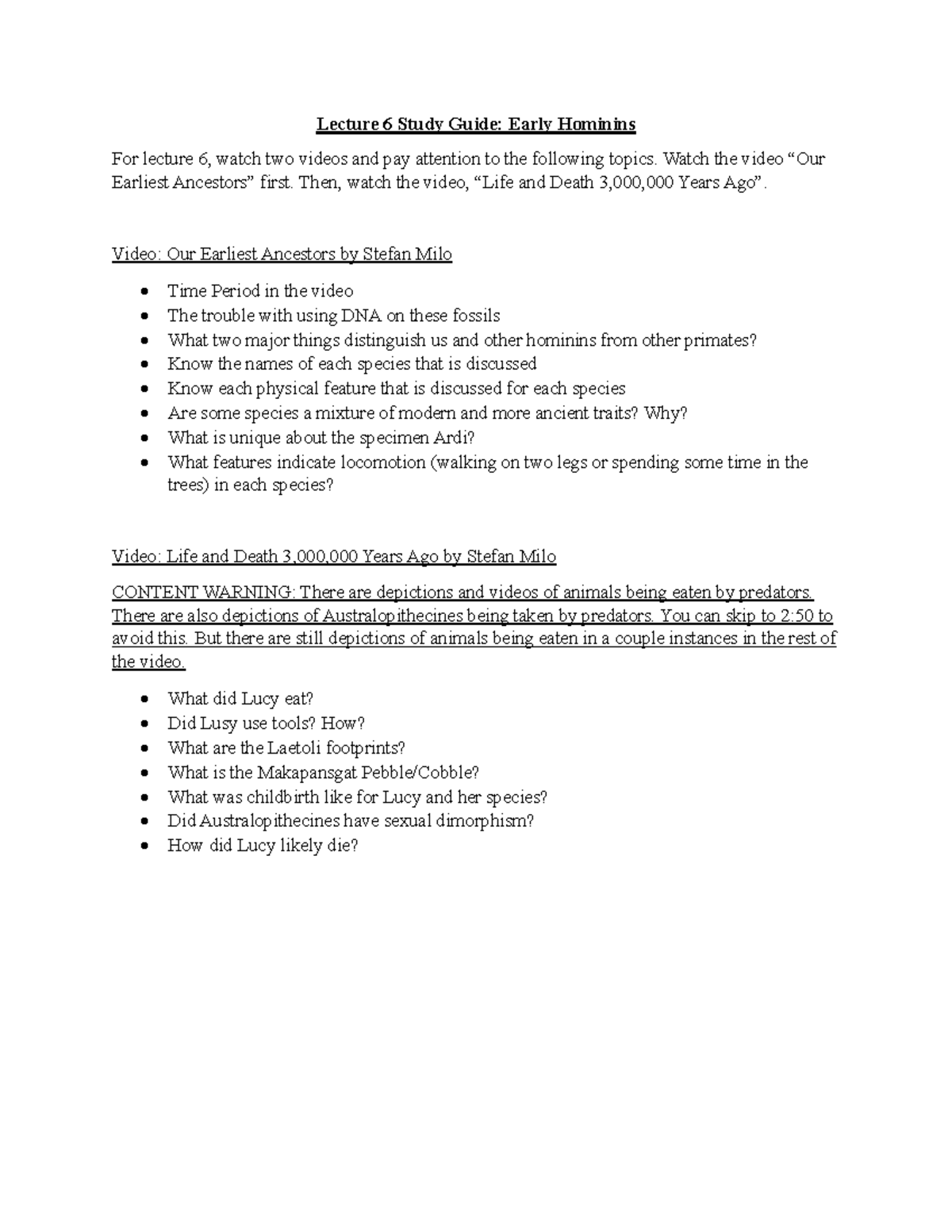 Lecture 6 Study Guide - Lecture 6 Study Guide: Early Hominins For ...