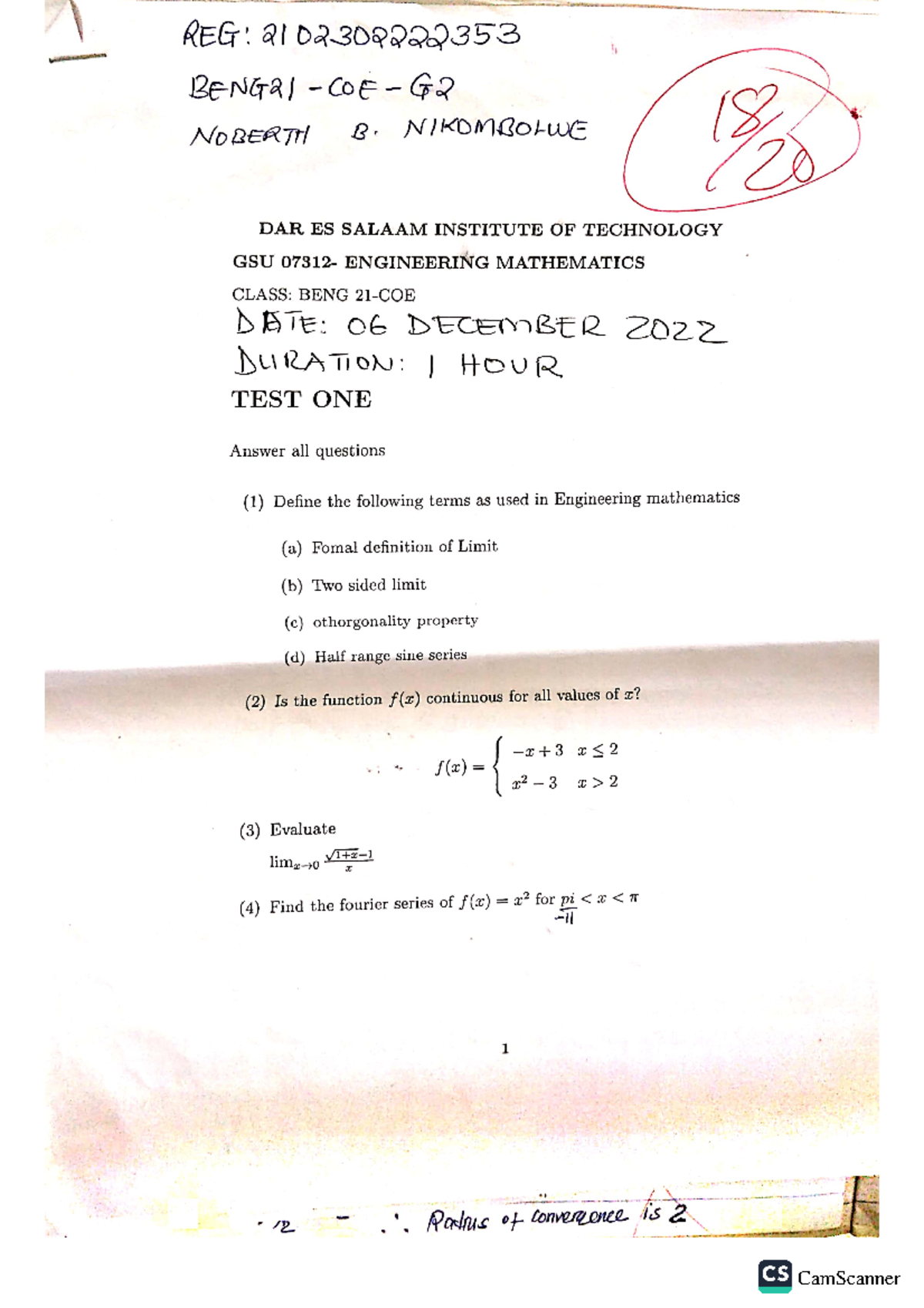 Test 1 - Test one Engineering mathematics - Computer Engineering - Studocu