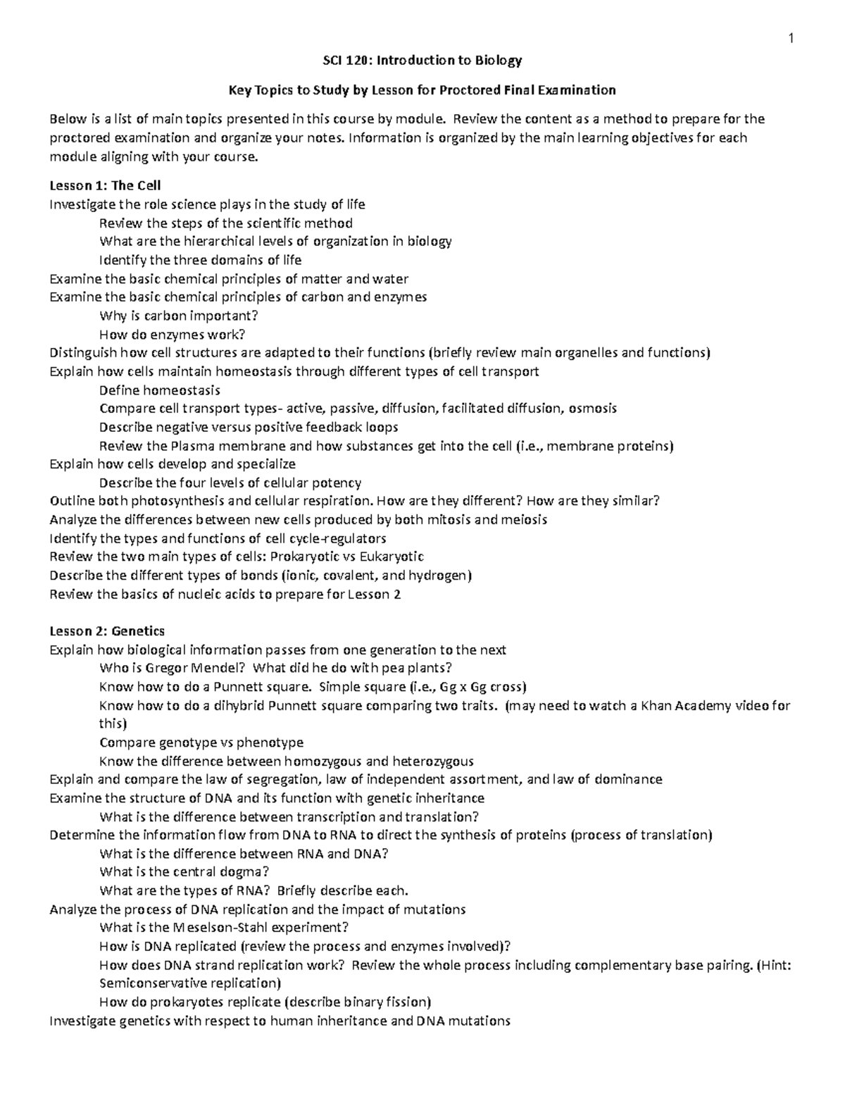 SCI 120 Introduction to Biology Study Guide - SCI 120: Introduction to ...