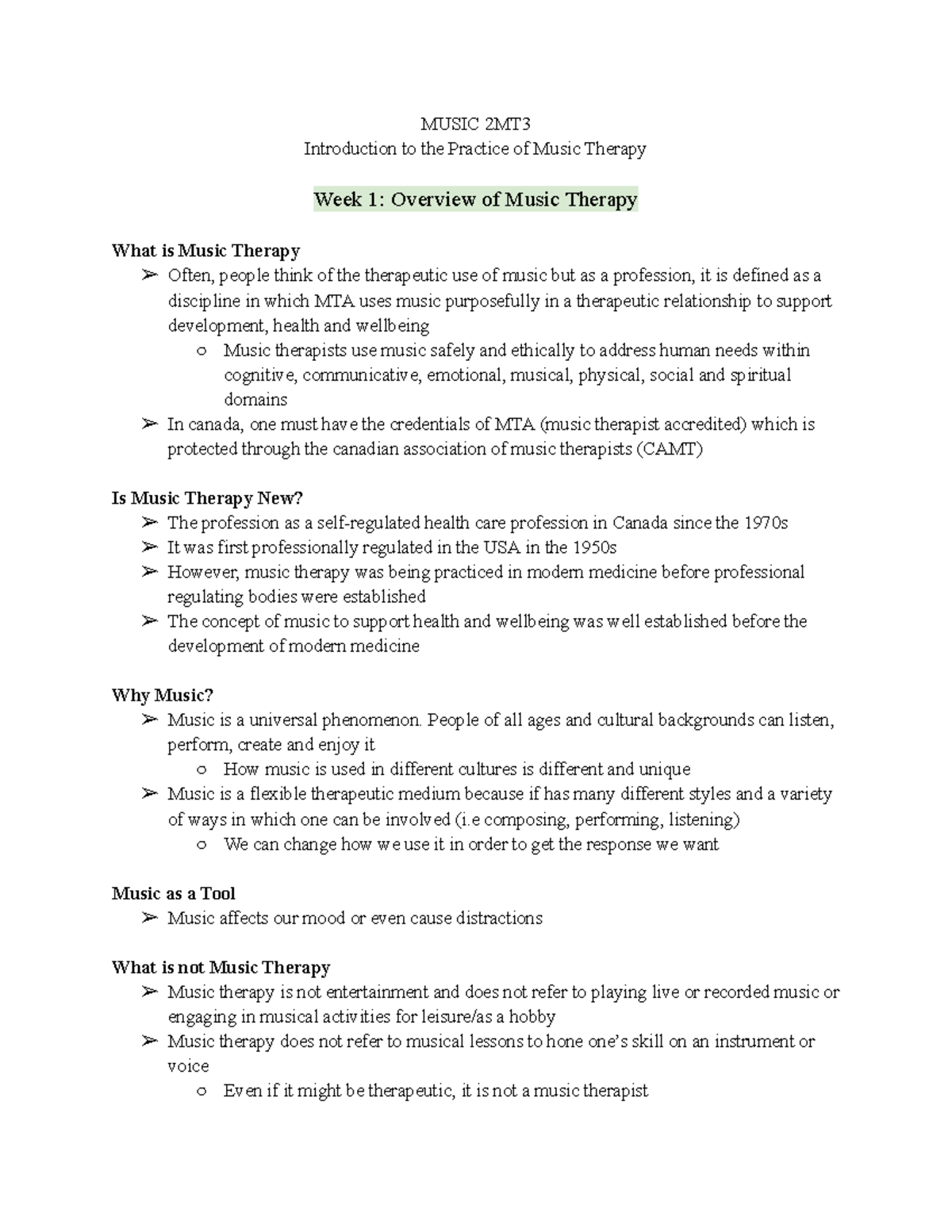 Music Therapy Notes - MUSIC 2MT Introduction to the Practice of Music ...