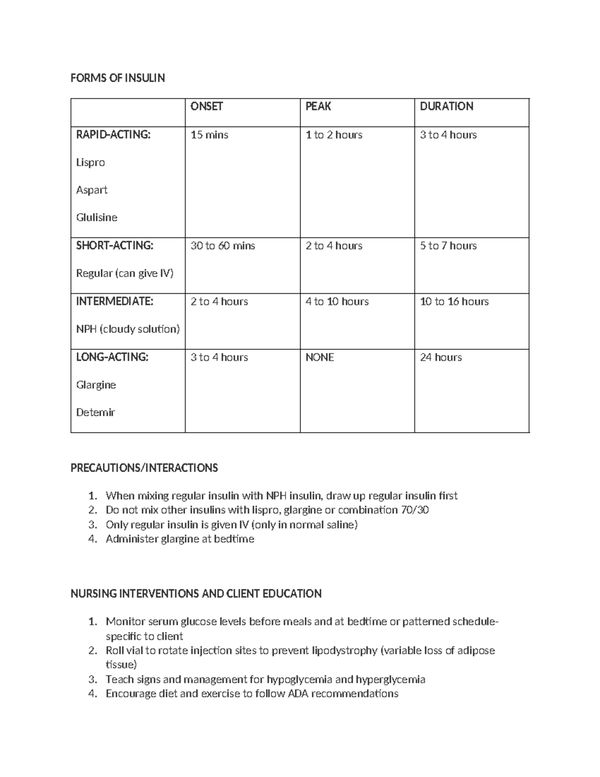 Insulin Review - FORMS OF INSULIN ONSET PEAK DURATION RAPID-ACTING ...