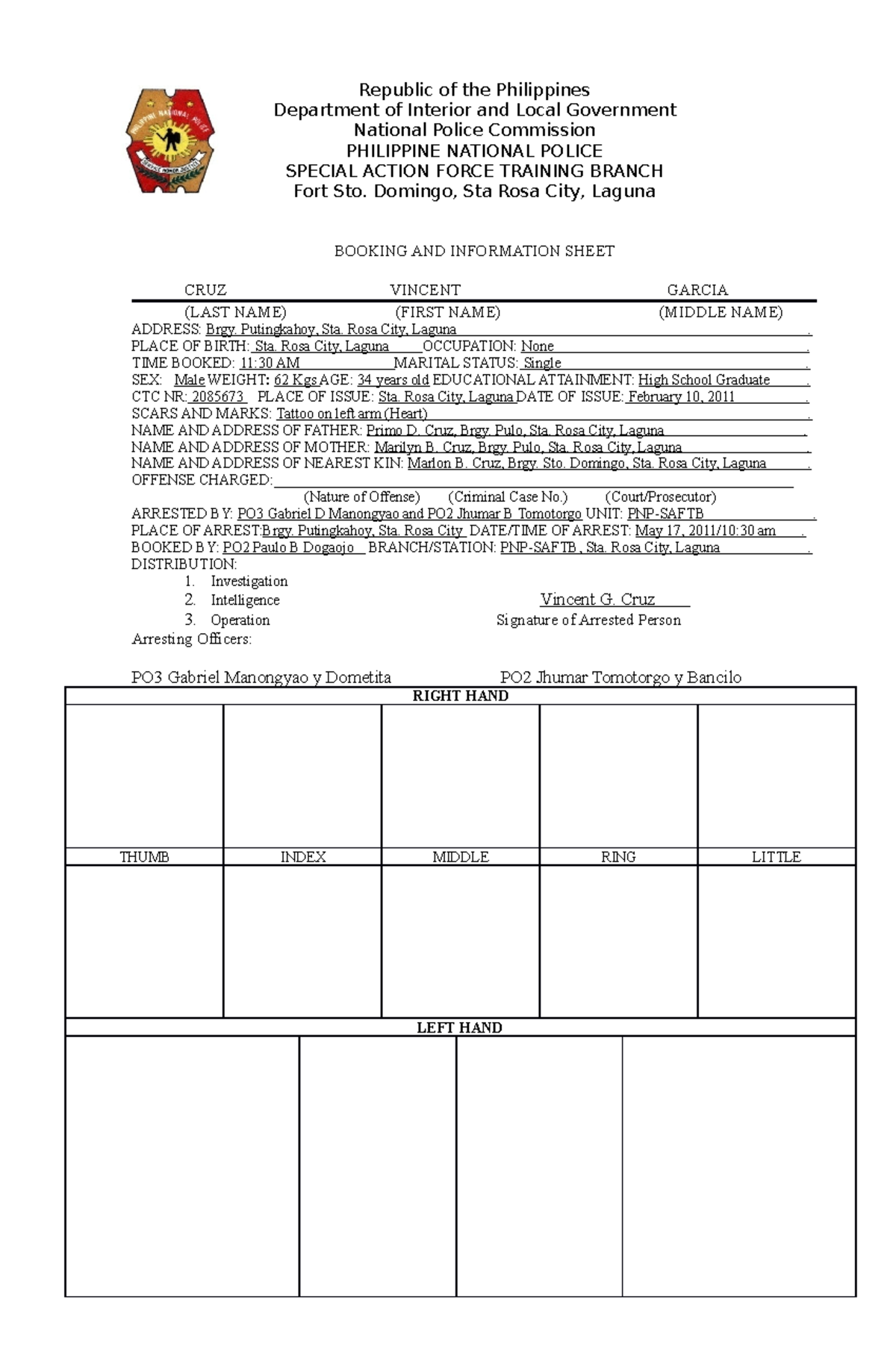 Booking and Information Sheet - Republic of the Philippines Department ...