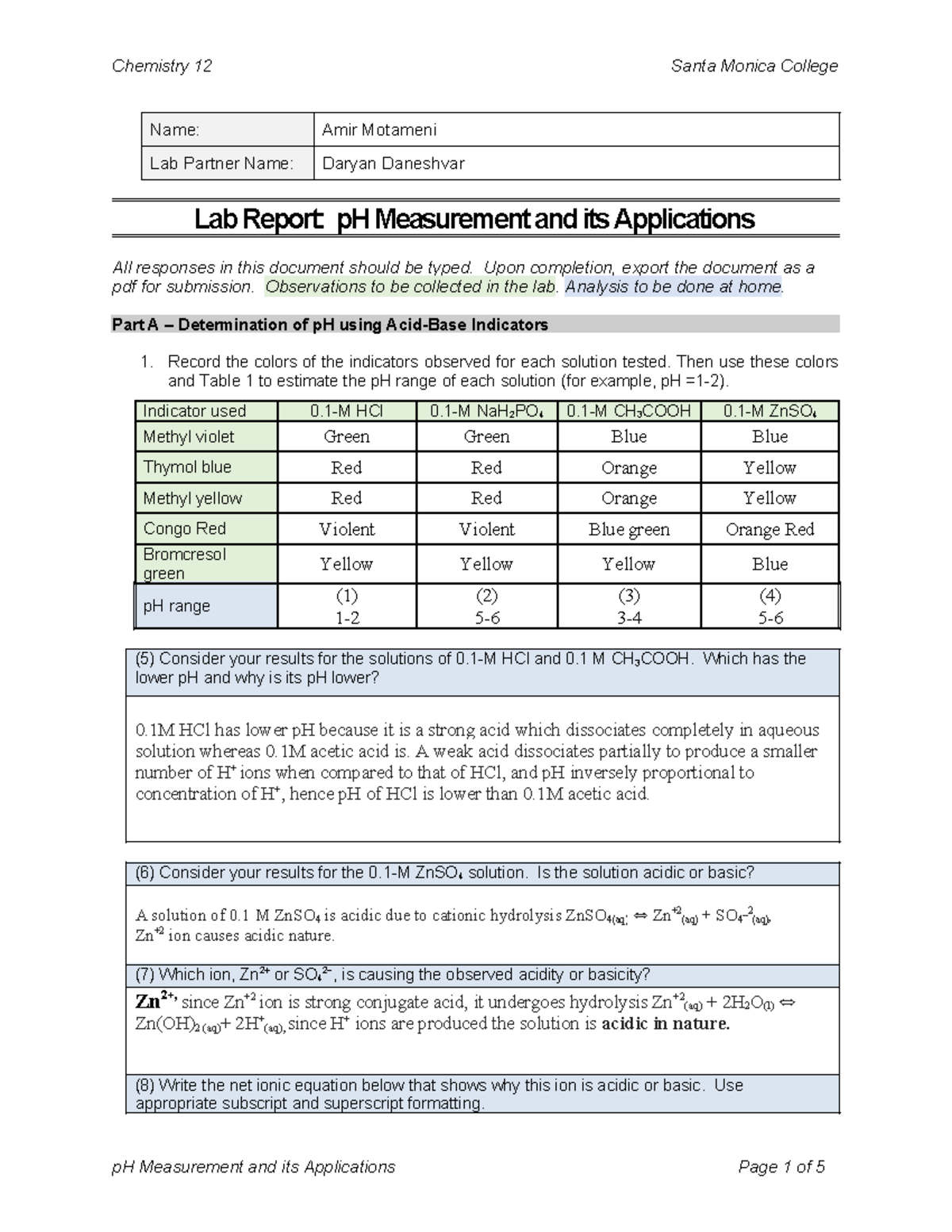 Chem PH lab report - Name: Amir Motameni Lab Partner Name: Daryan ...