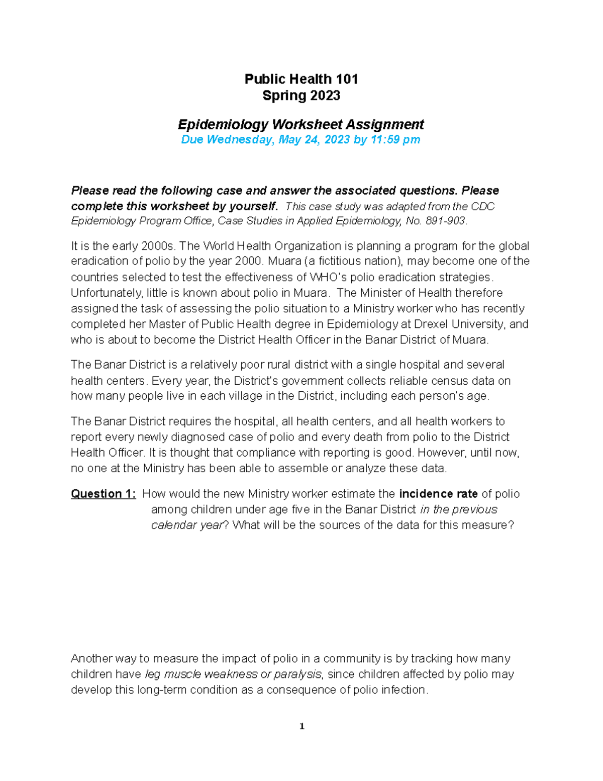 PBHL 101 Epidemiology Worksheet Spring 2023 - Public Health 101 Spring ...