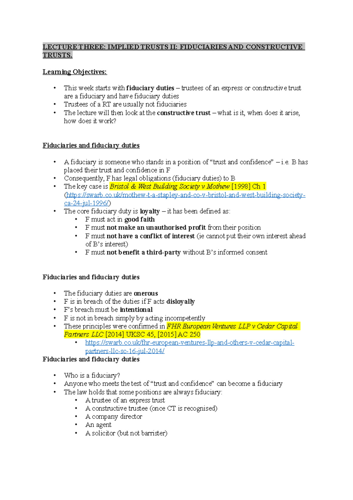 Equity and Trusts - IMPLIED TRUSTS II: FIDUCIARIES AND CONSTRUCTIVE TRUSTS. - LECTURE THREE ...