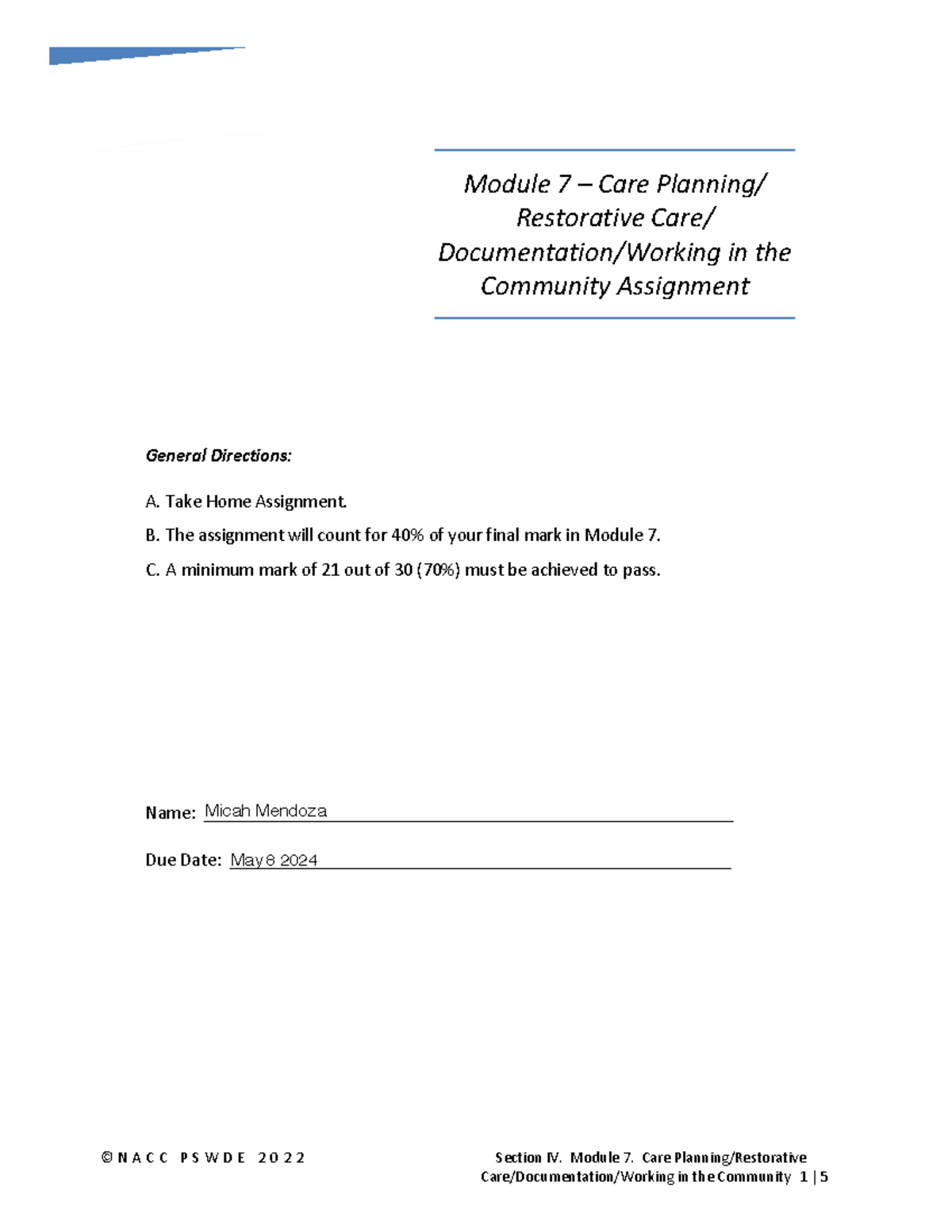 Module 7 Care Planning - © N A C C P S W D E 2 0 2 2 Section IV. Module ...