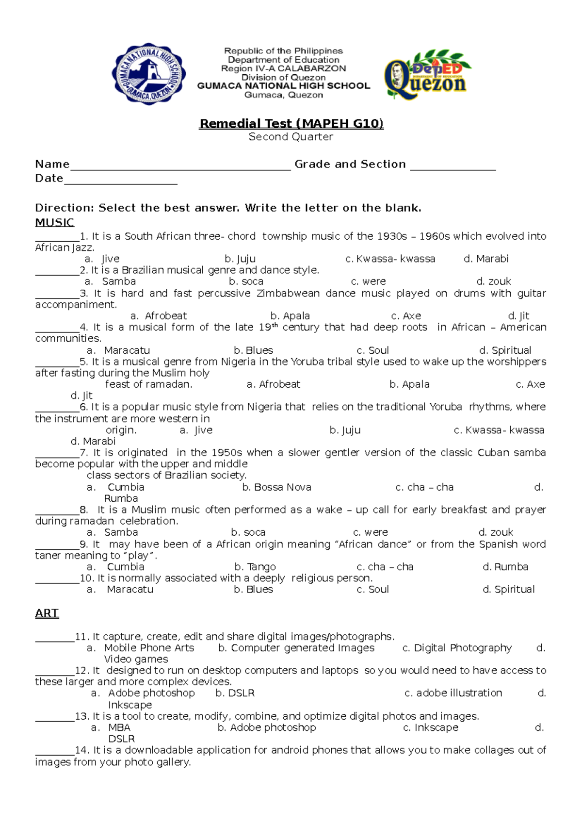 Remedial Test-Q2 - zzzz - Remedial Test (MAPEH G10) Second Quarter ...