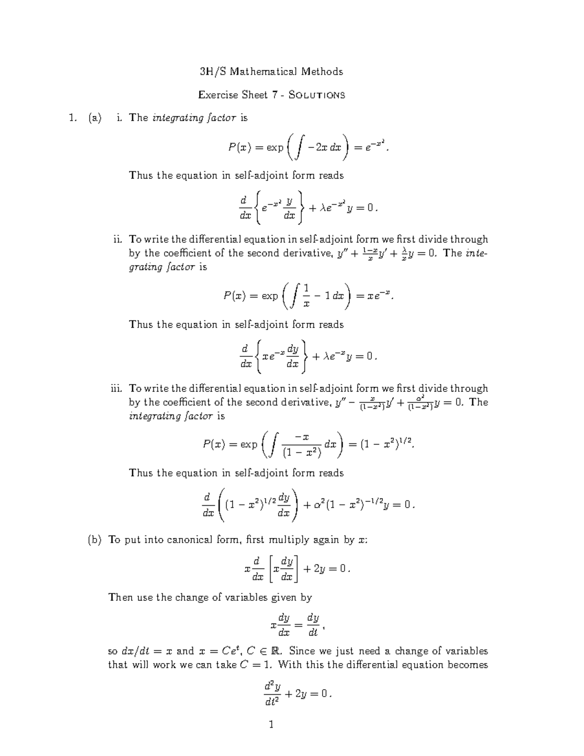 3h Math Meth exsheet 7sol - 3H/S Mathematical Methods Exercise Sheet 7 ...