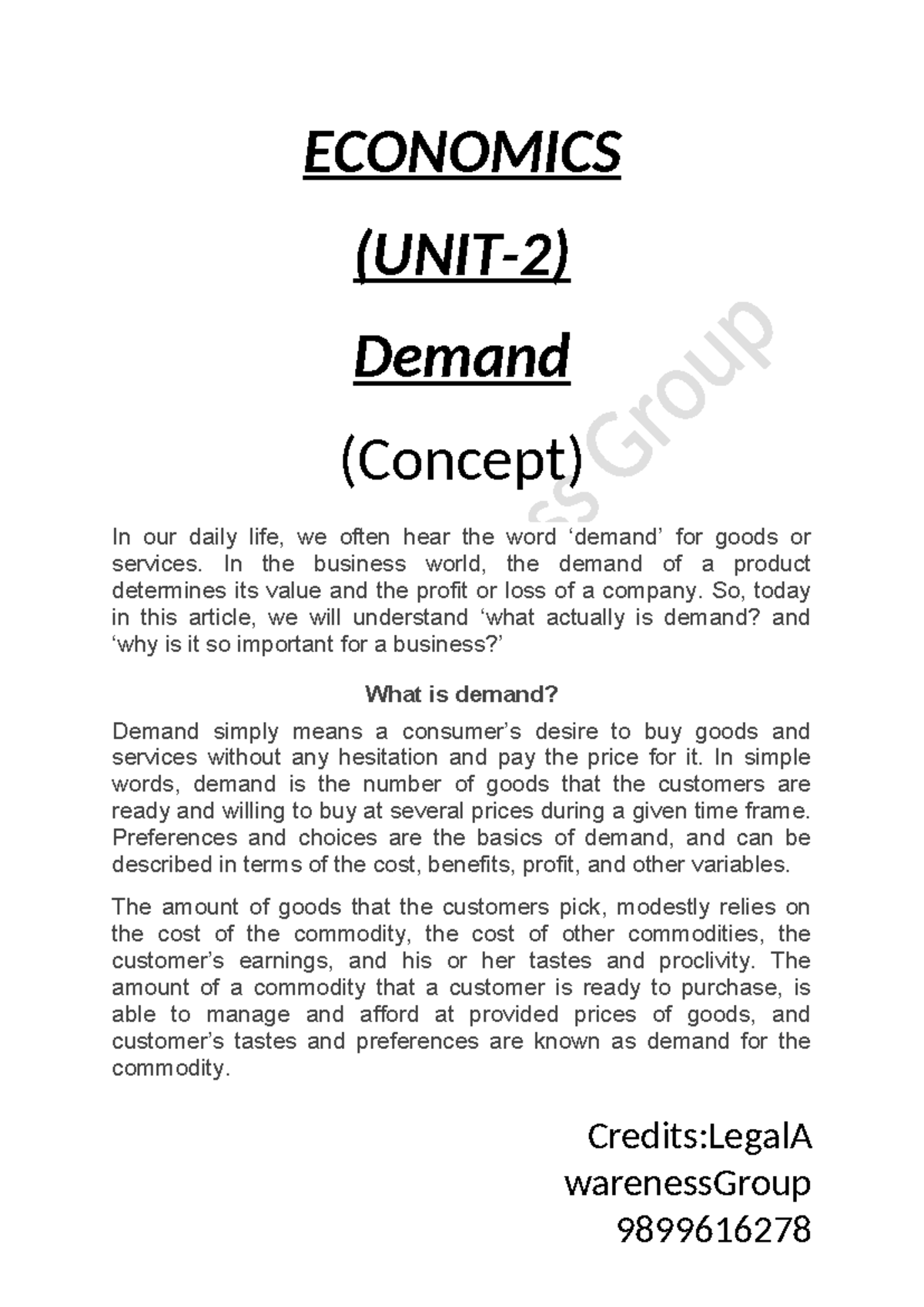 Economics (Unit-2) - eco notes - ECONOMICS (UNIT-2) Demand (Concept) In ...