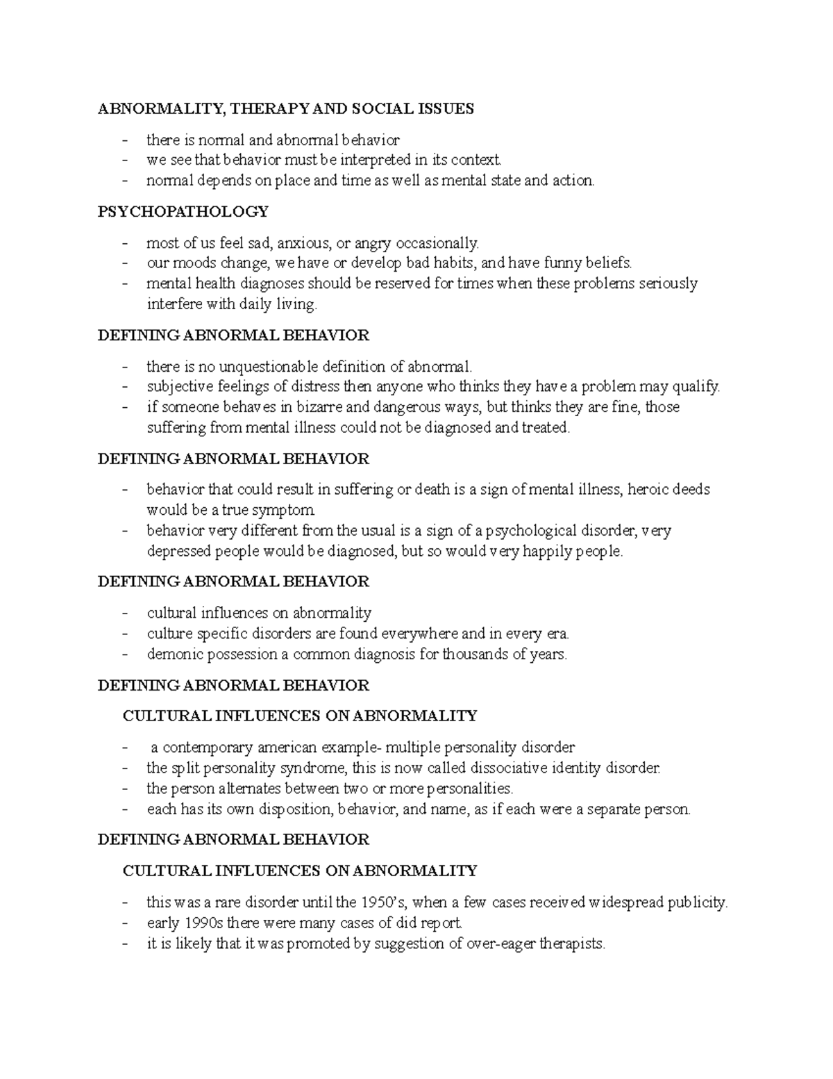 Normal VS Abnormal Notes 1 - ABNORMALITY, THERAPY AND SOCIAL ISSUES ...