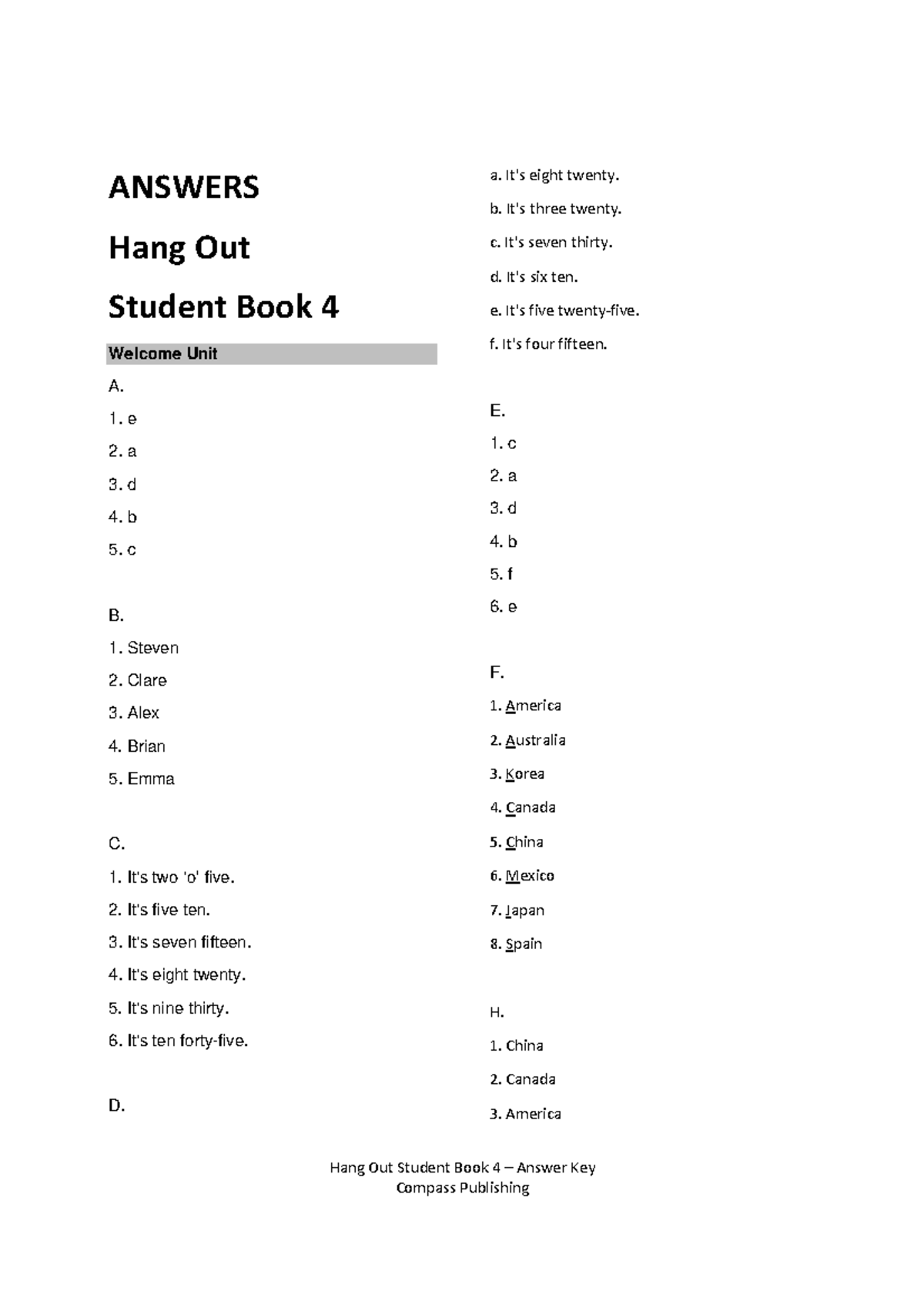Hang Out 4 Answer Key - Deder - Hang Out Student Book 4 ñ Answer Key ...
