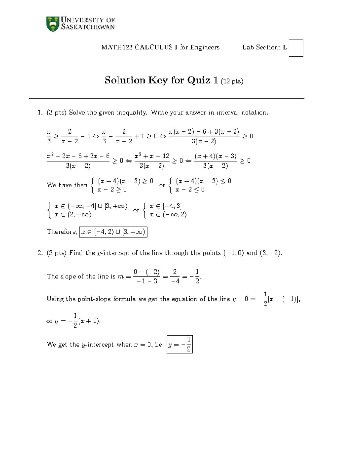 Exam 2015, questions and answers - Quiz 1-9 - MATH123 CALCULUS I for Engineers Lab Section: L ...