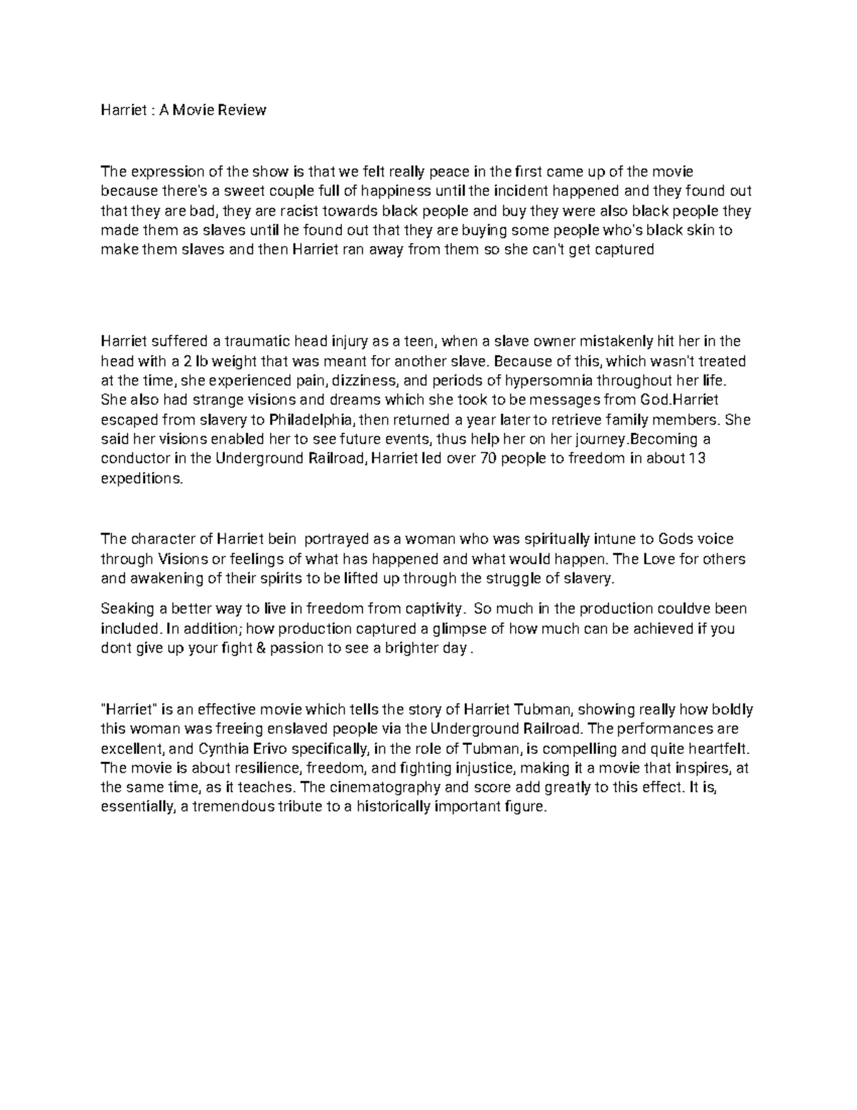 Harriet - reflection paper - Harriet : A Movie Review The expression of ...