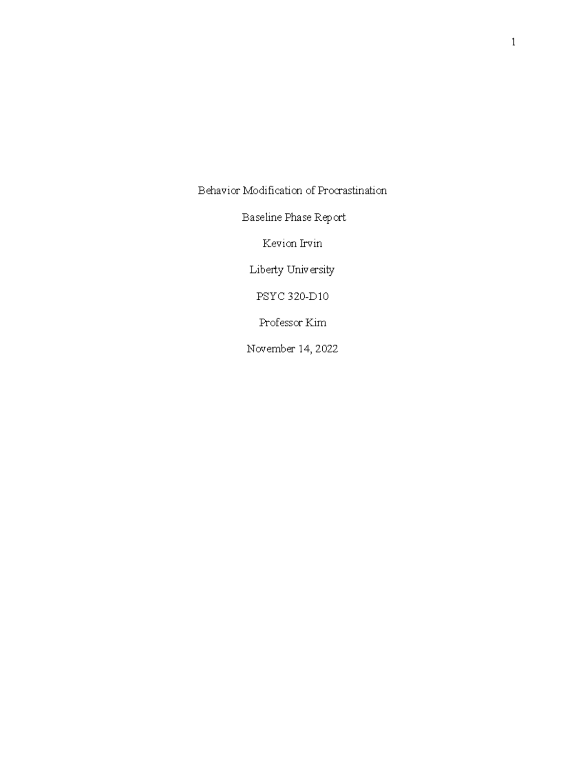 PSYC-320-D10-Kevion Irvin-Behavior Modification Project-Baseline Phase ...