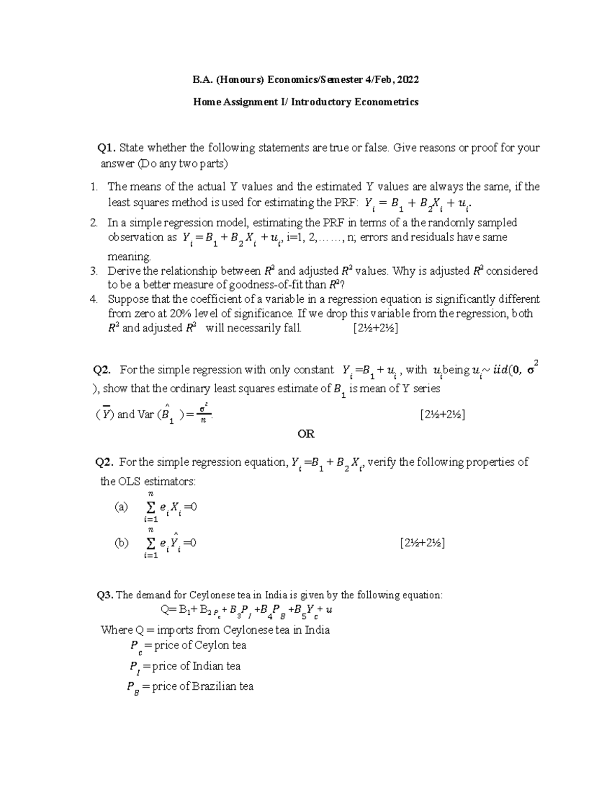 Class Test Feb, 2022 - Econometrics Sem 4 Eco Hons - B. (Honours ...