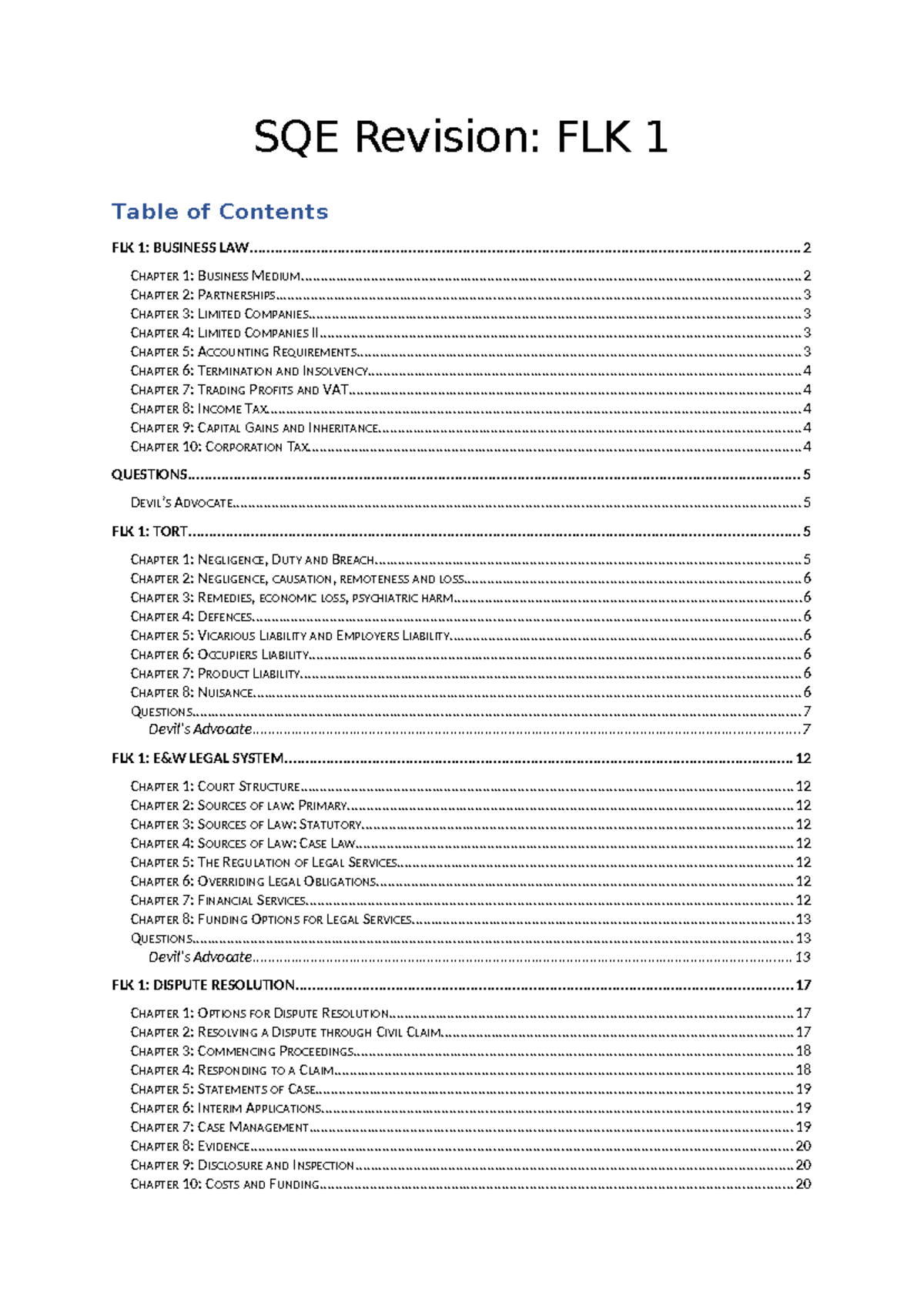 FLK 1 SQE 1 notes brief - Table of Contents - SQE Revision: FLK FLK 1 ...
