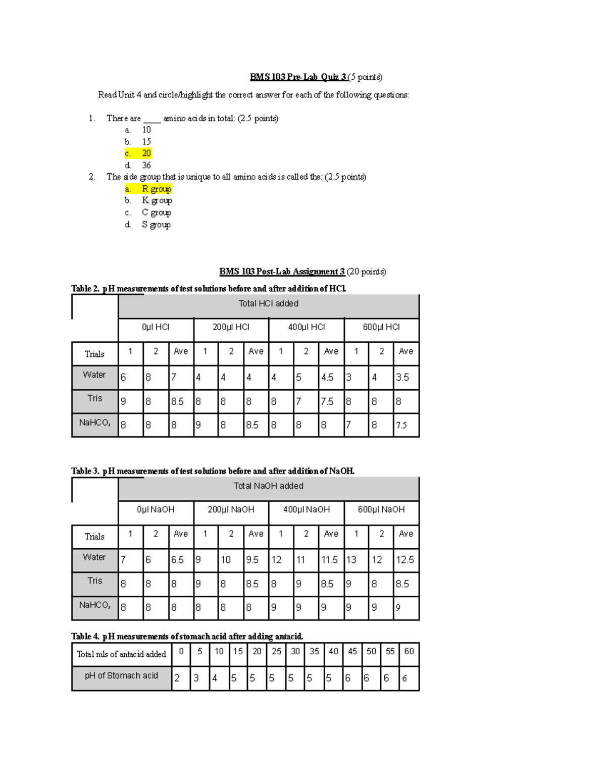 BMS 103 lab report 3 - BMS 103 Pre-Lab Quiz 3 (5 points) Read Unit 4 and circle/highlight the ...