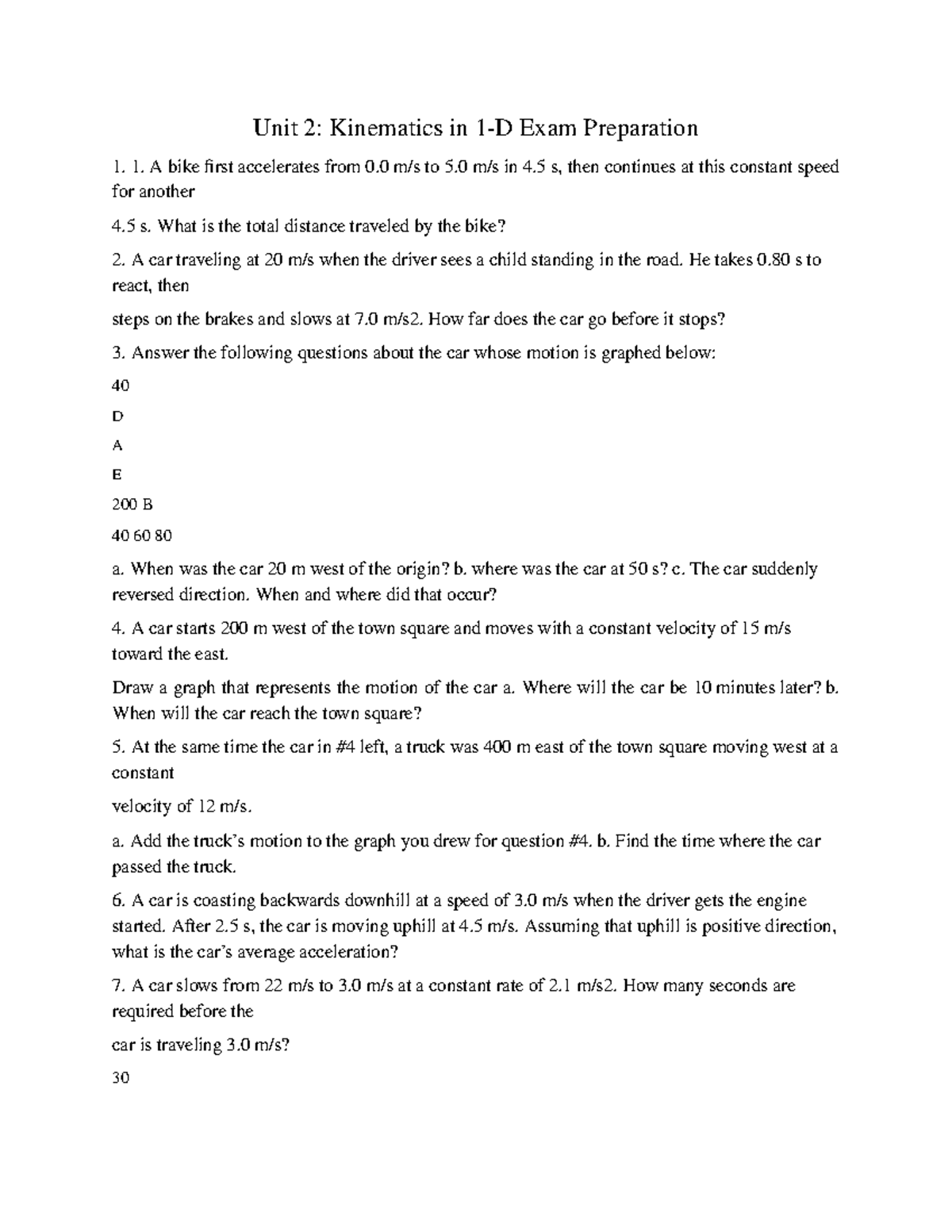 Review 1 Physics 20 - practice worksheet - Unit 2: Kinematics in 1-D ...