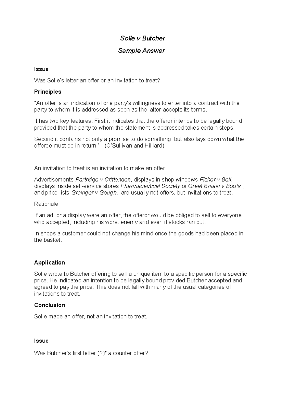 Solle v Butcher sample answer Oct 2023 - Solle v Butcher Sample Answer ...