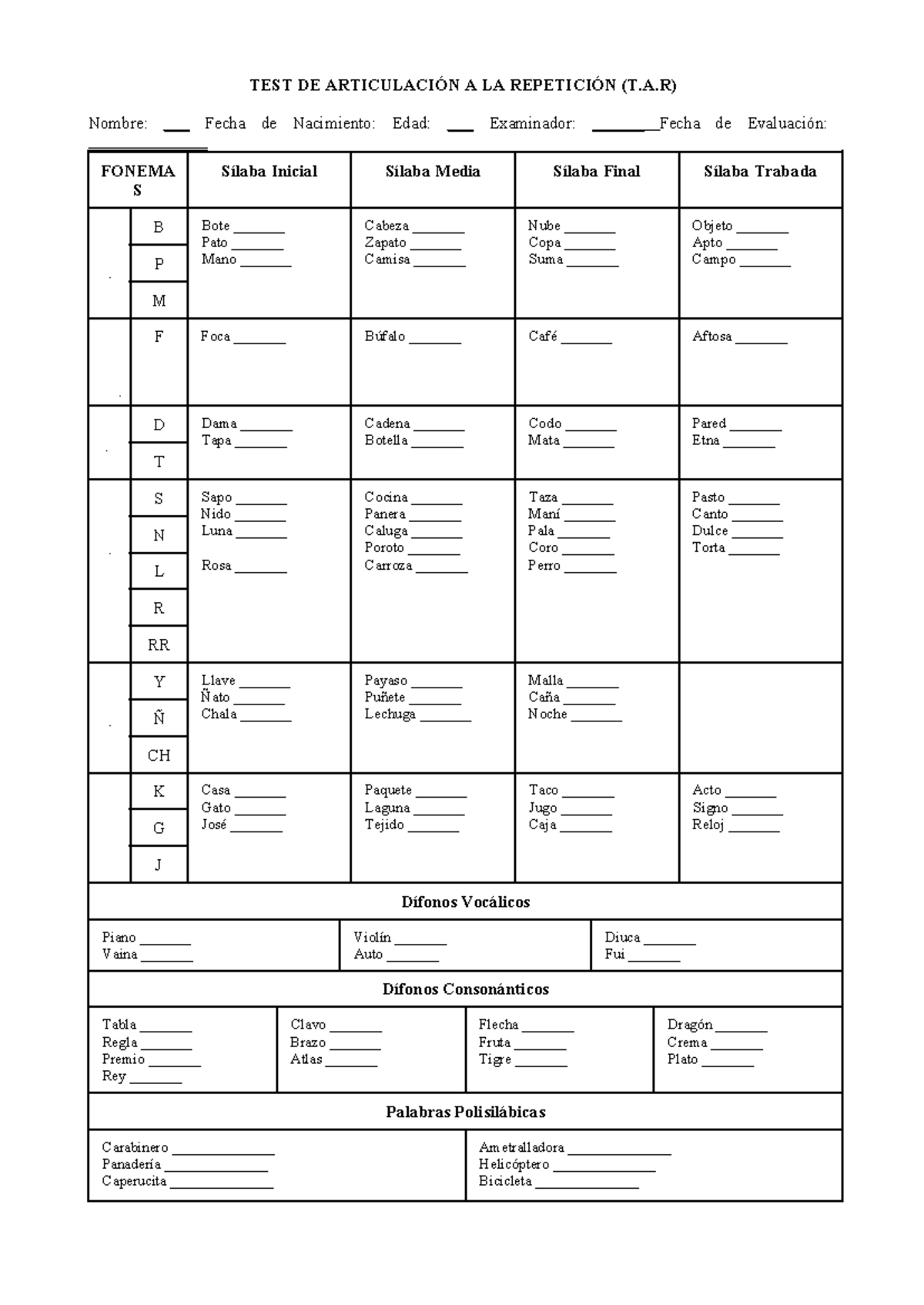 TAR- Test de articulación a la repetición - TEST DE ARTICULACIÓN A LA ...
