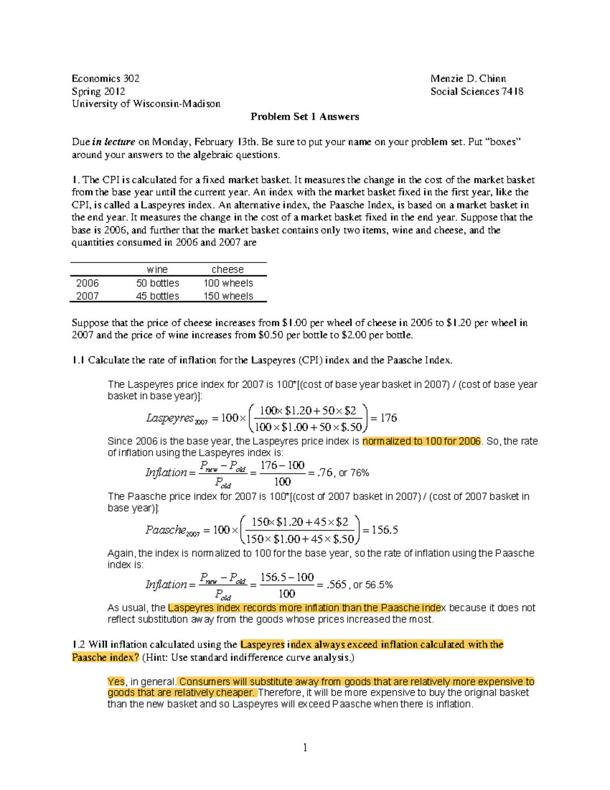 Inflation rate exercices laspeyres and Paasche - Economics 302 Menzie D ...