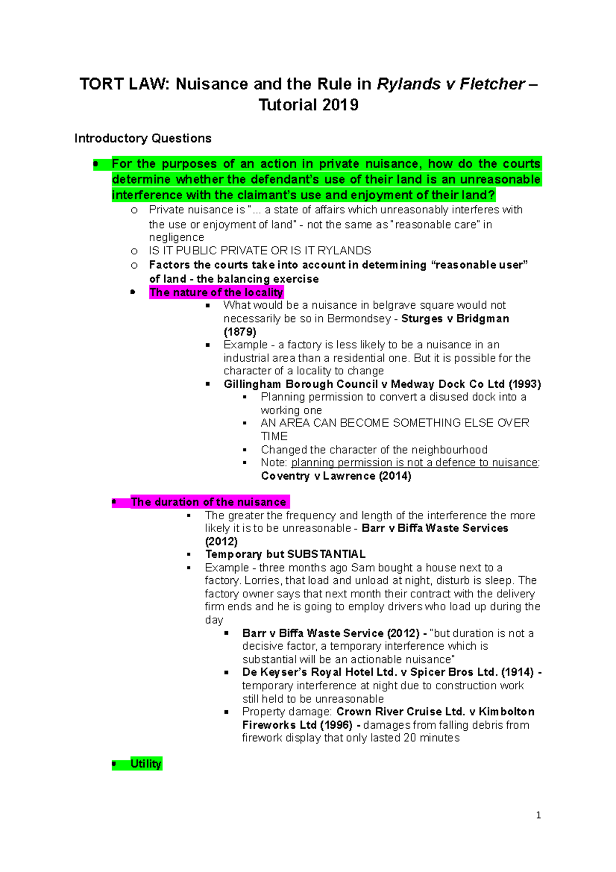 Tort tutorial 1 - TORT LAW: Nuisance and the Rule in Rylands v Fletcher – Tutorial 2019 ...