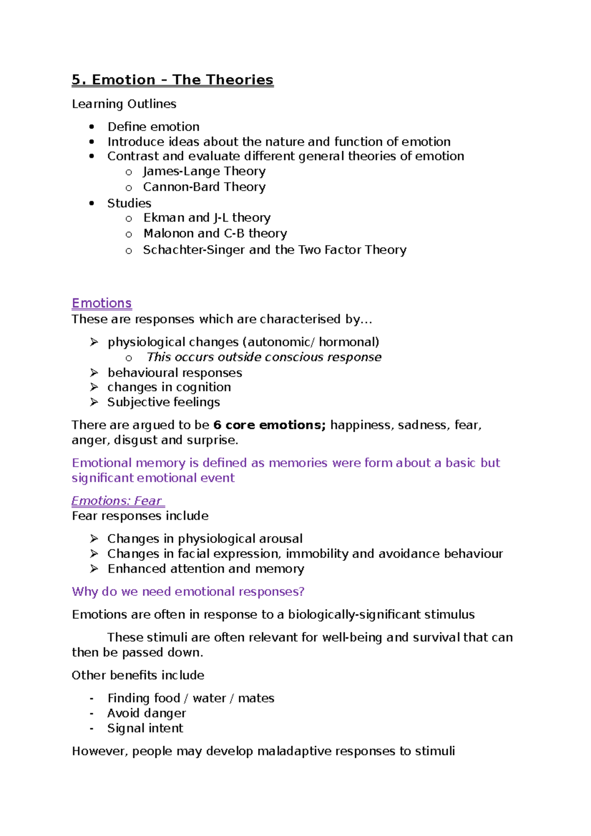 5. Emotions - Lecture notes 5 - 5. Emotion – The Theories Learning ...
