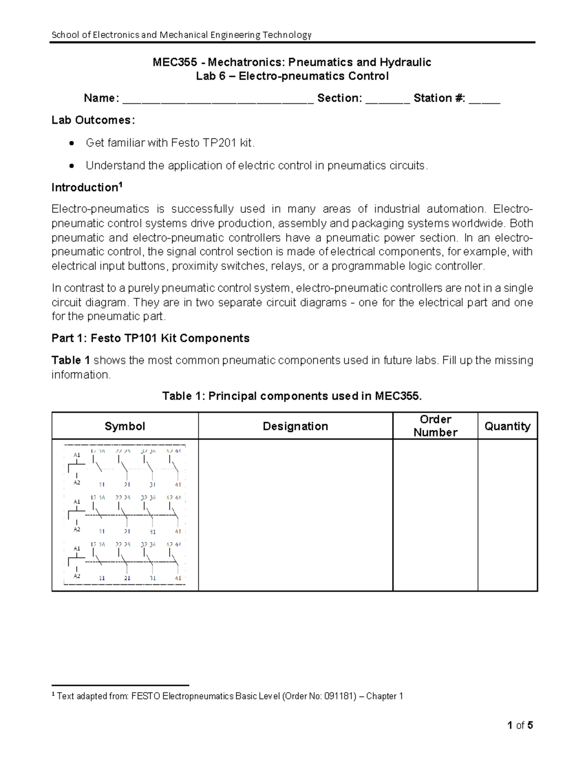 MEC355 - Lab 6 - Lab 6 - MEC355 - Mechatronics: Pneumatics and ...