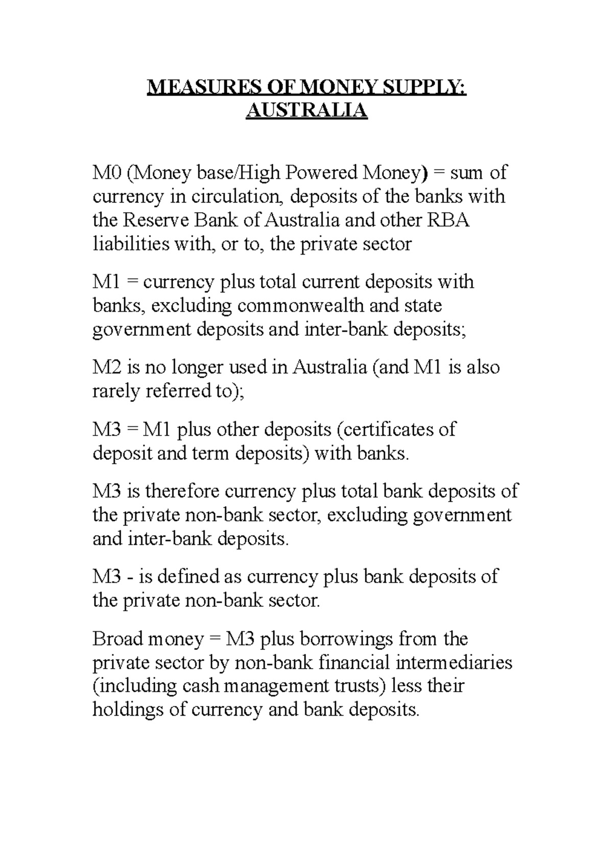 MEASURES OF MONEY SUPPLY: AUSTRALIA - MEASURES OF MONEY SUPPLY ...