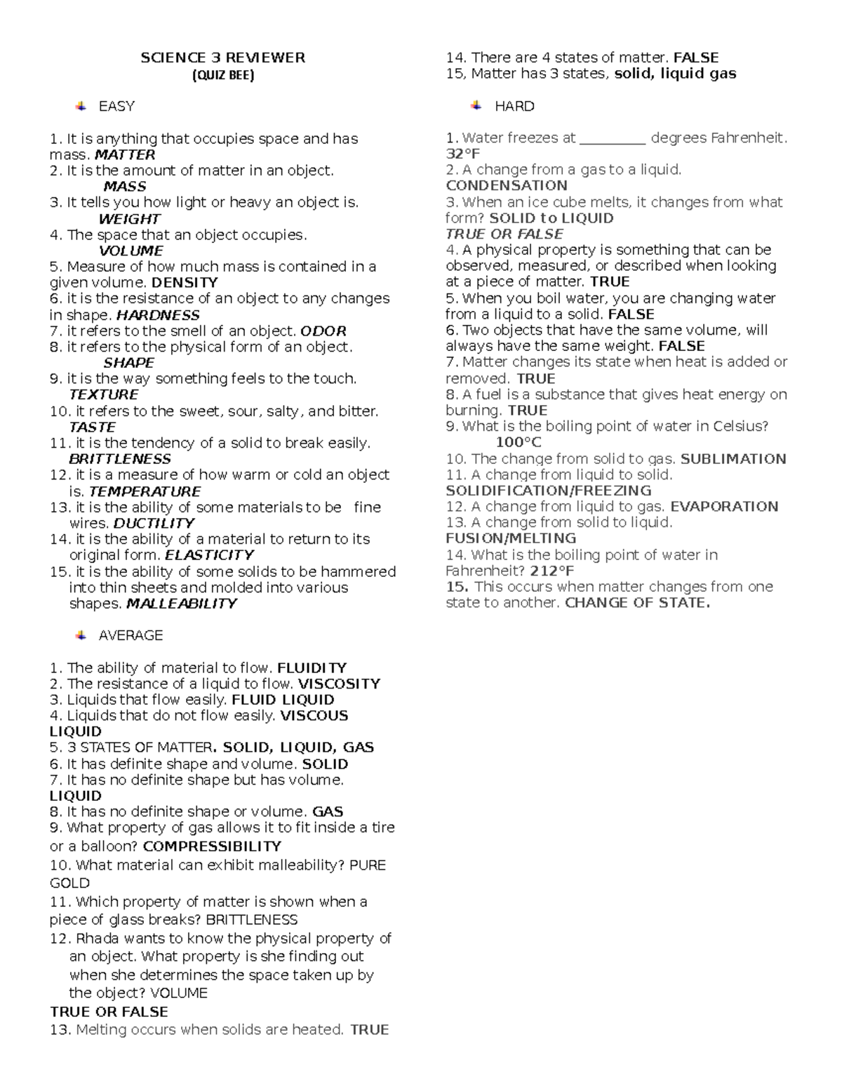 Science 3 Reviewer - GOOD - SCIENCE 3 REVIEWER (QUIZ BEE) EASY It is ...