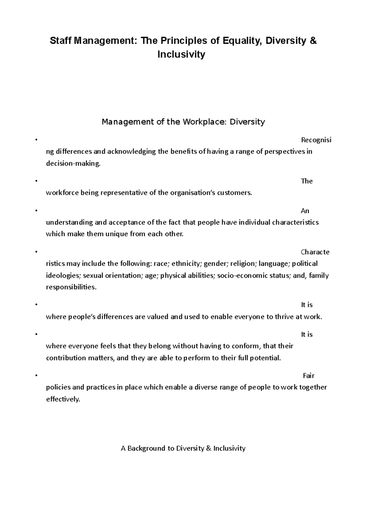 Staff Management- The Principles of Equality, Diversity & Inclusivity ...