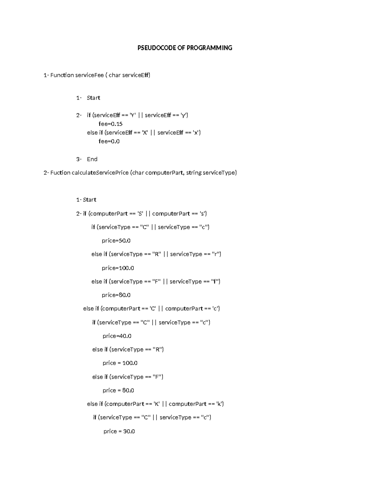 Pseudocode OF Programming - PSEUDOCODE OF PROGRAMMING 1- Function serviceFee ( char serviceEff ...