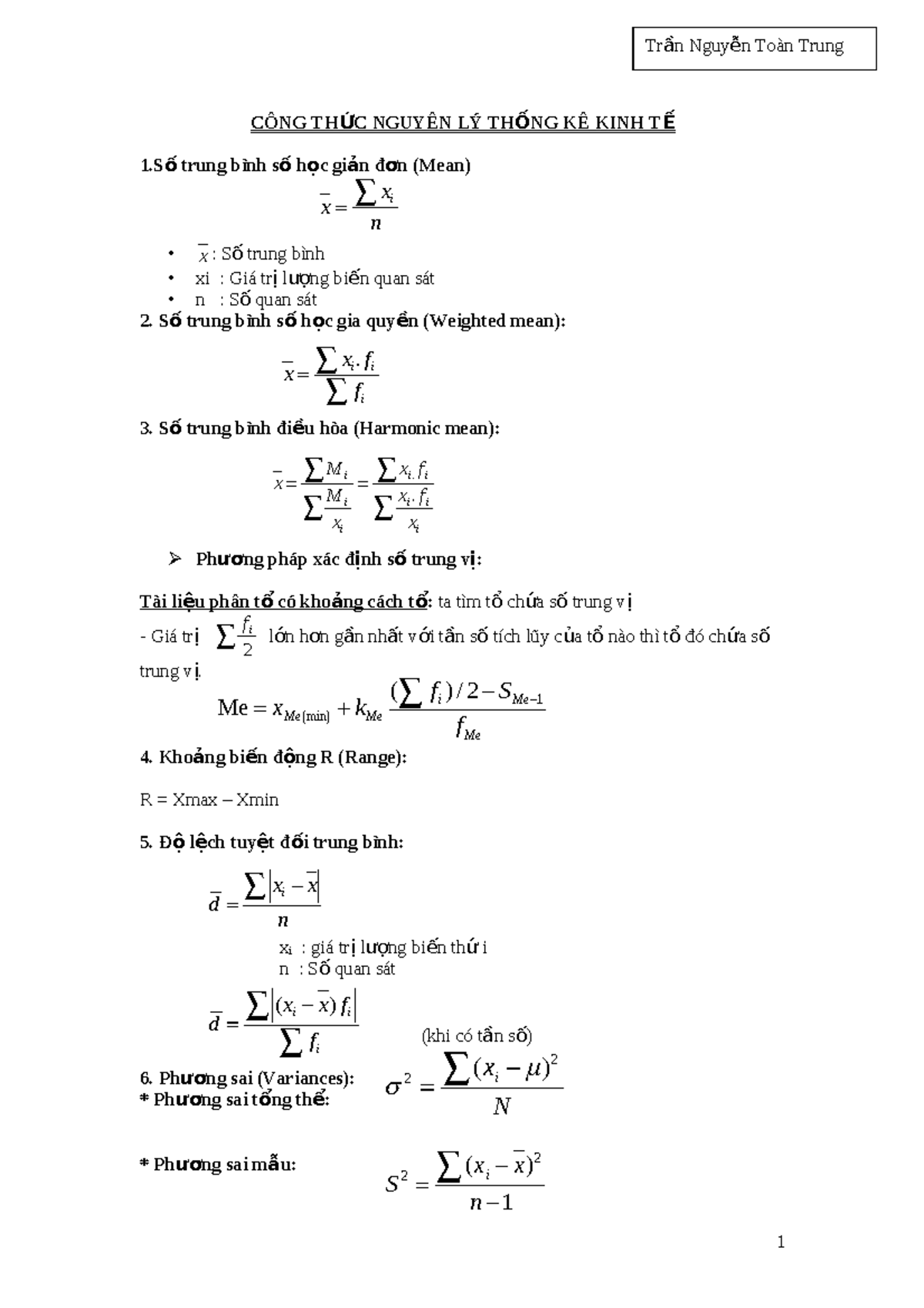466221 - công thức - Tr ần Nguy ễn Toàn Trung CÔNG TH ỨC NGUYÊN LÝ TH ỐNG KÊ KINH T Ế 1 ố trung ...
