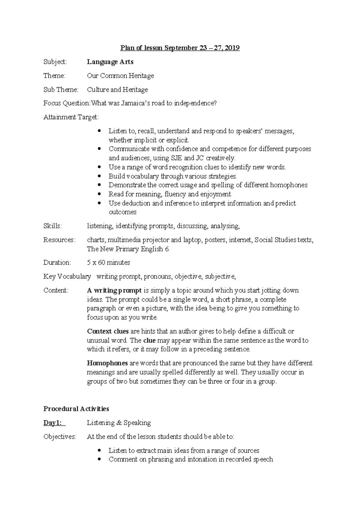 September 23-27, 2019 real - Plan of lesson September 23 – 27, 2019 ...