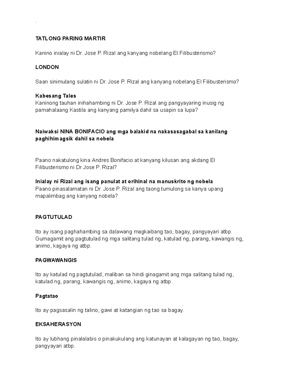 Filipino 1-2 - Short daw - TATLONG PARING MARTIR Kanino inialay ni Dr ...