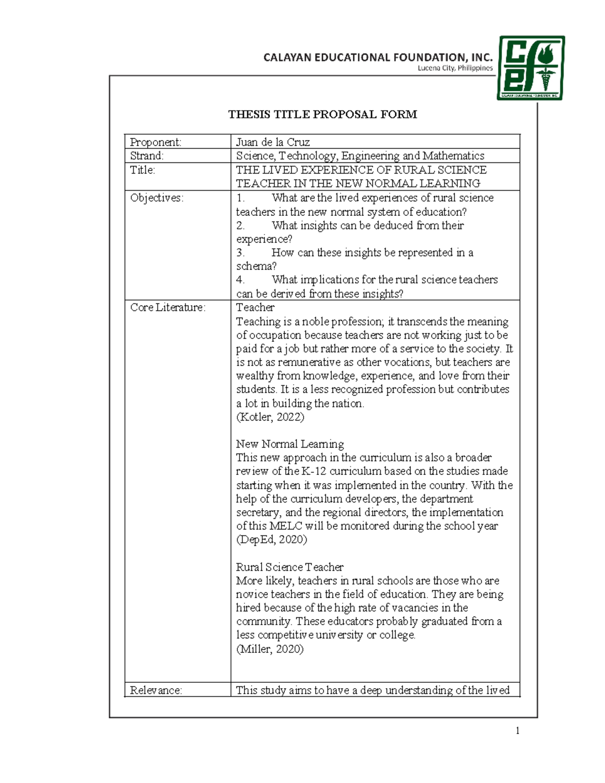 Title Proposal Form Template - THESIS TITLE PROPOSAL FORM Proponent ...