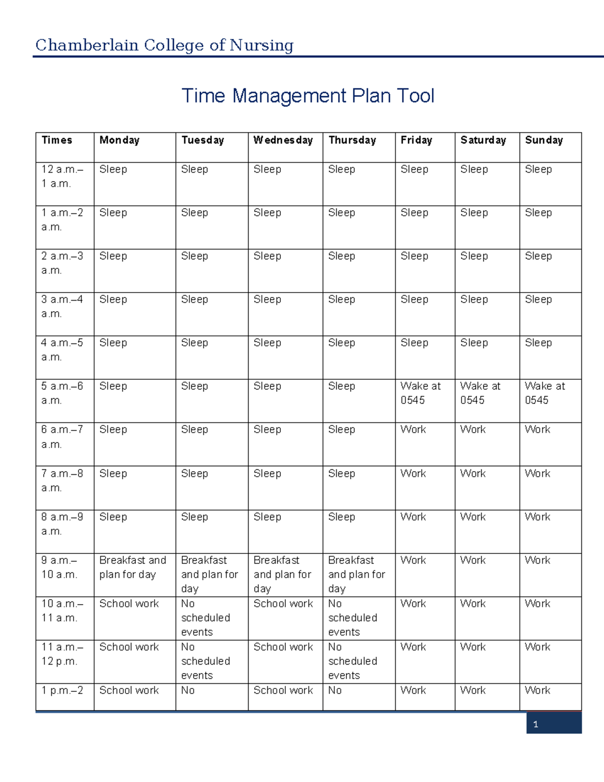 NR500NP Week 3 Time Management Tool - Chamberlain College of Nursing ...