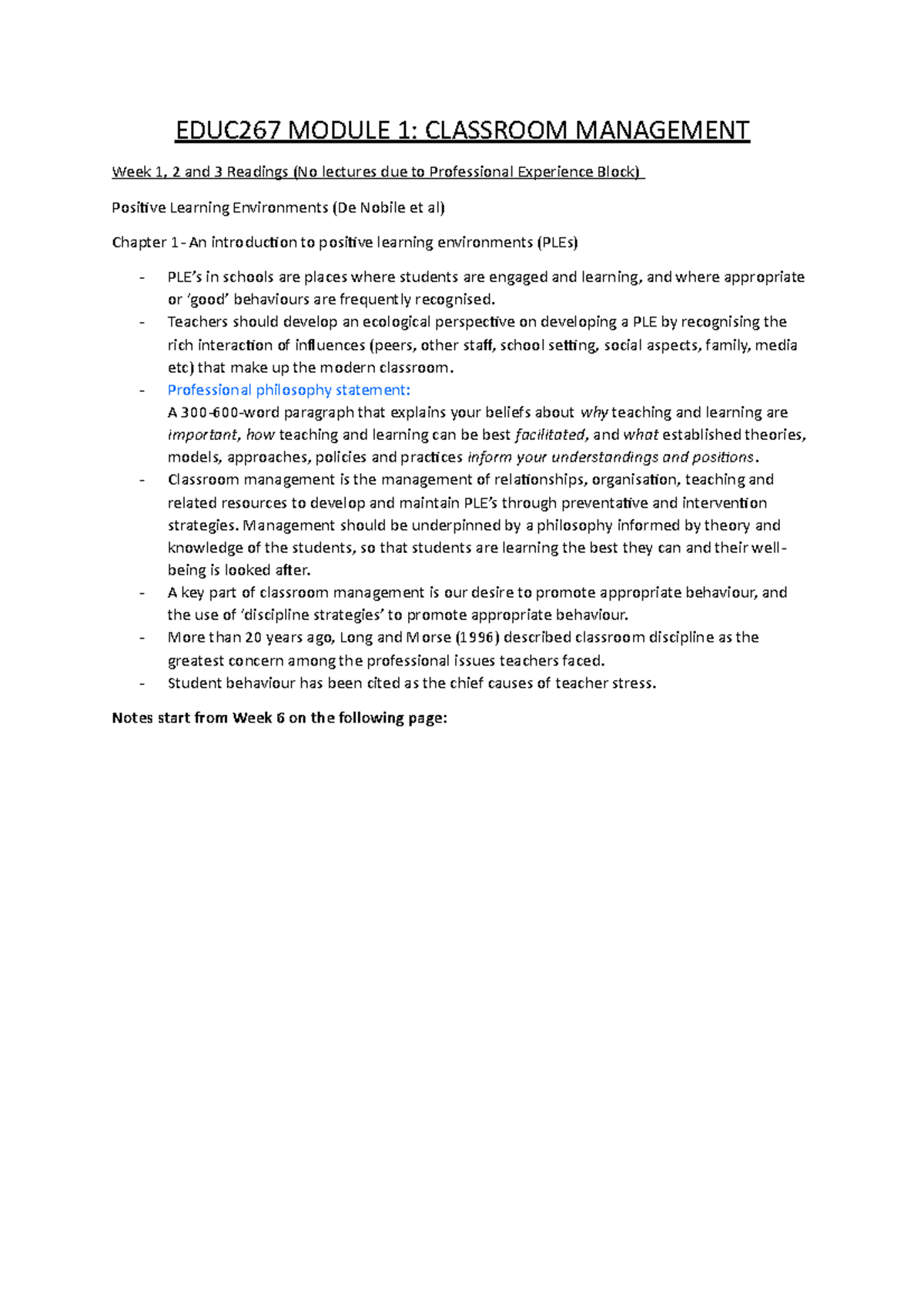 EDUC267 notes - EDUC267 MODULE 1: CLASSROOM MANAGEMENT Week 1, 2 and 3 ...