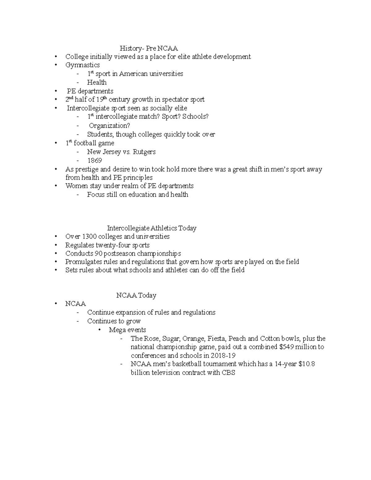 RSM 242 Levels of Sport- Intercollegiate Sport - History- Pre NCAA ...