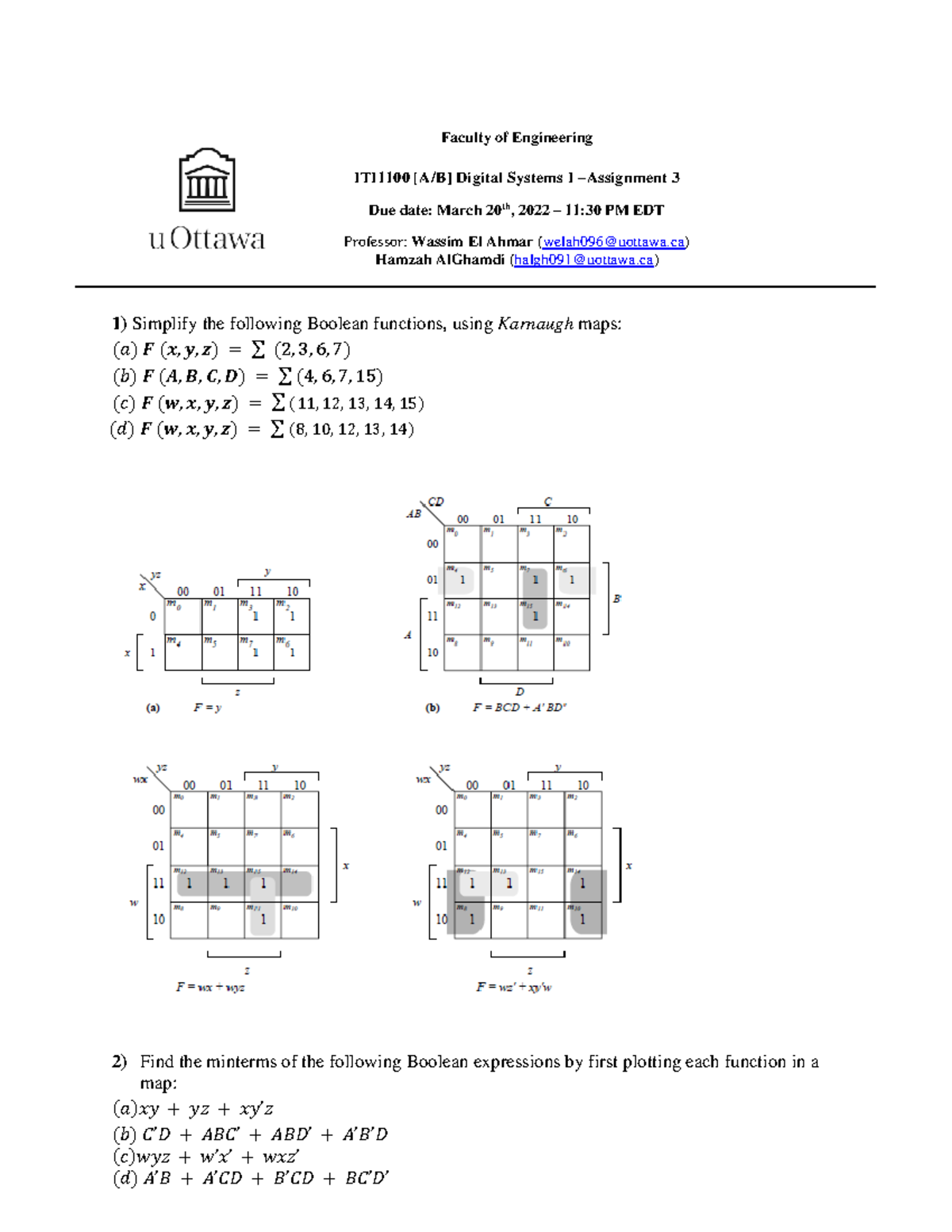 Assignment 3 Solution - 1) Simplify the following Boolean functions ...
