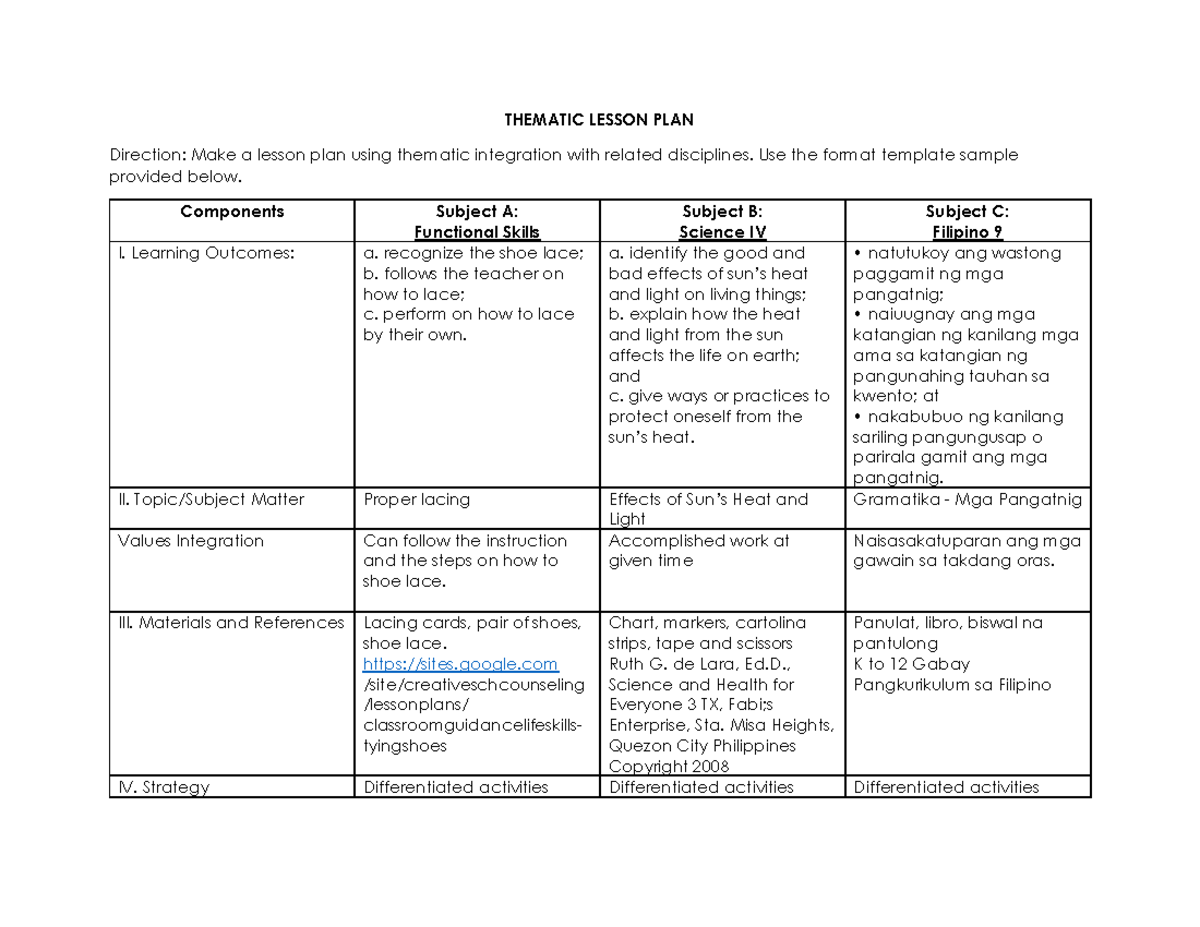 EDUC 130- Thematic LP - THEMATIC LESSON PLAN Direction: Make a lesson ...