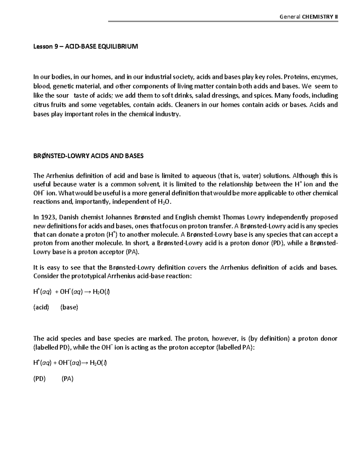 Acid-Base Equilibria - STEM - General CHEMISTRY II Lesson 9 – ACID-BASE ...