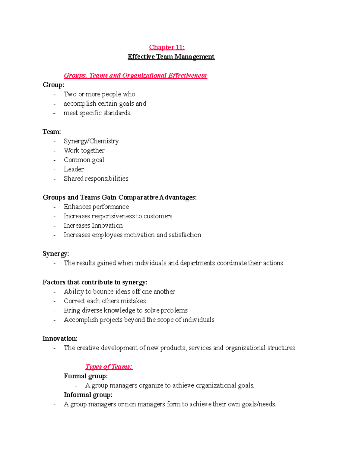 Business Management Chapter 11 - Chapter 11: Effective Team Management ...