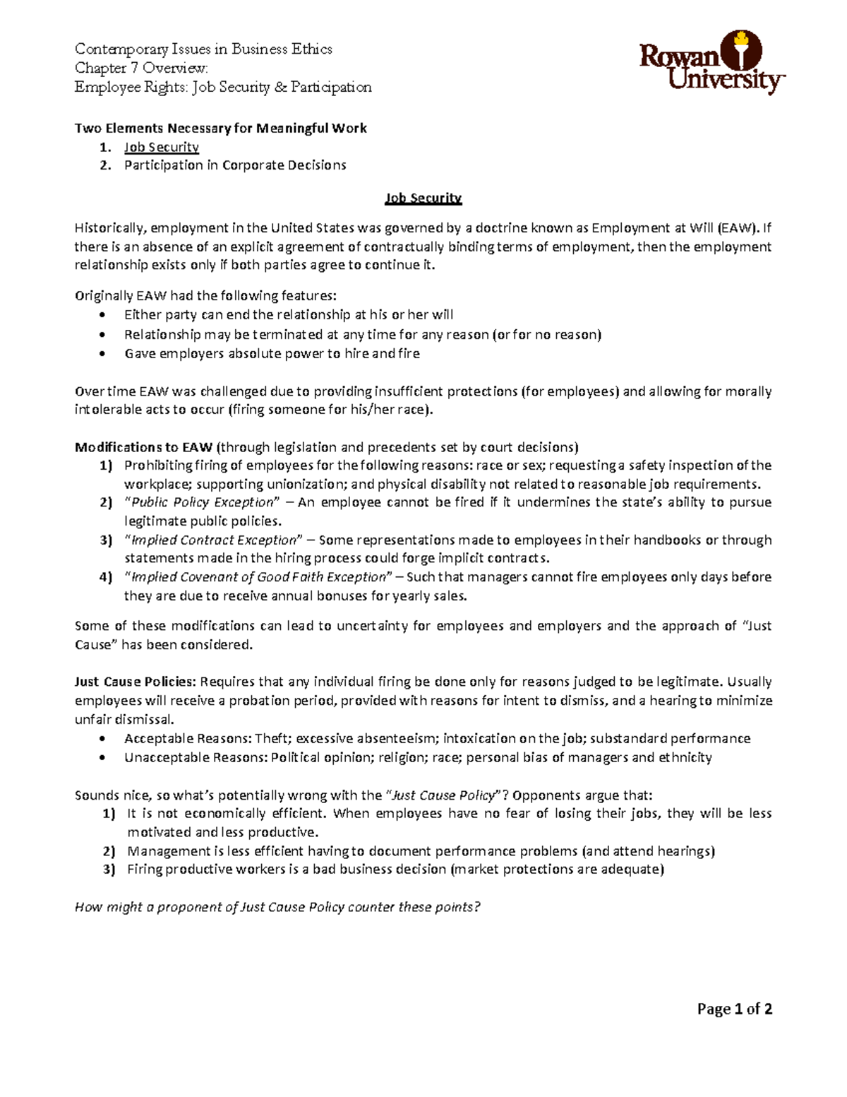 Chapter 7 Overview - Employee Rights - Job Security and Participation ...