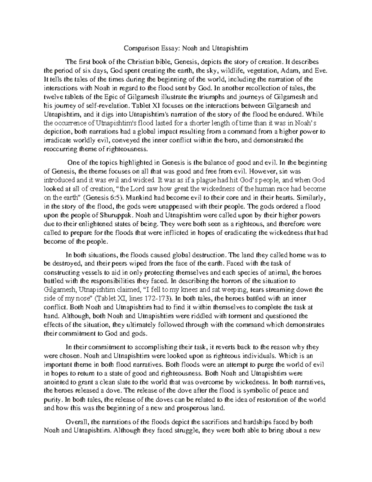 Comparison Essay - Noah and Utnapishtim - Comparison Essay: Noah and ...